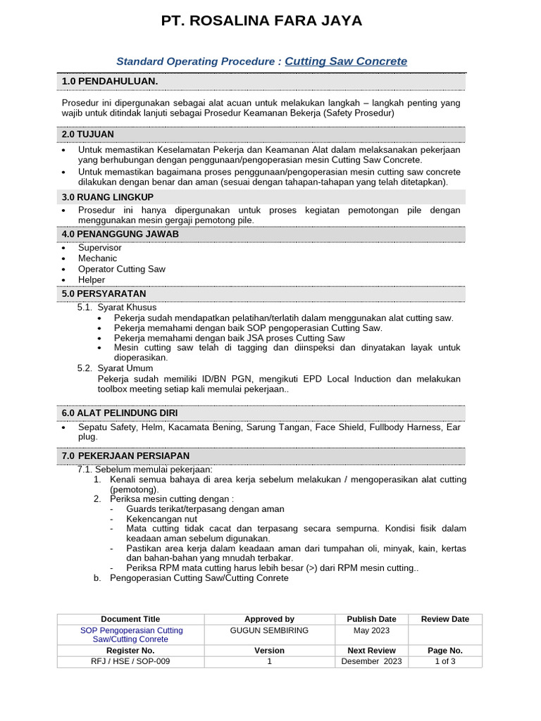 SOP_Cutting SAW Conrete | PDF