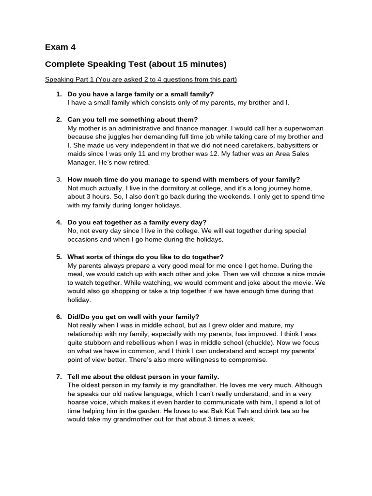 Full Speaking Test - Sample Questions & Answers | PDF