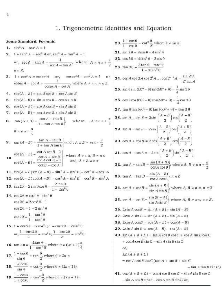 JEE (Main & Advanced) Formulae Sheet - Mathematics Theory Trigonometric Identities & Equations ...