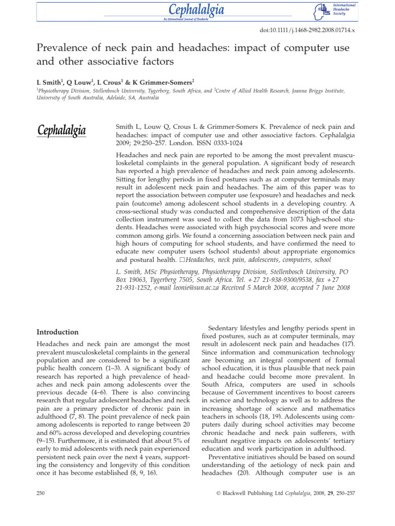 Smith Et Al 2009 Prevalence of Neck Pain and Headaches Impact of ...
