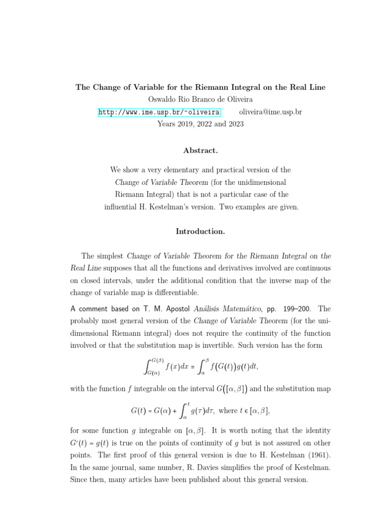 The Change of Variable For The Riemann Integral On The Real Line | PDF | Integral | Monotonic ...