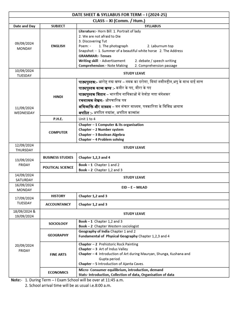 Class - XI (Hum.) Term - I Date Sheet with Syllabus (Final) | PDF