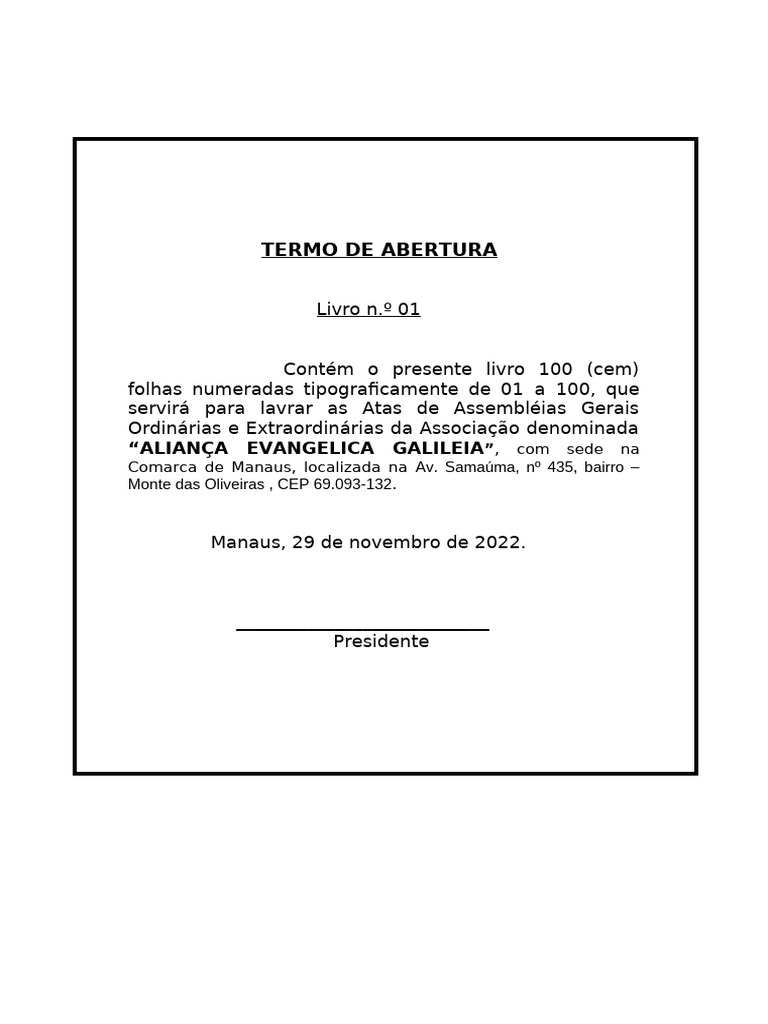 Modelo Termo de Abertura Ata Alevam Galileia | PDF