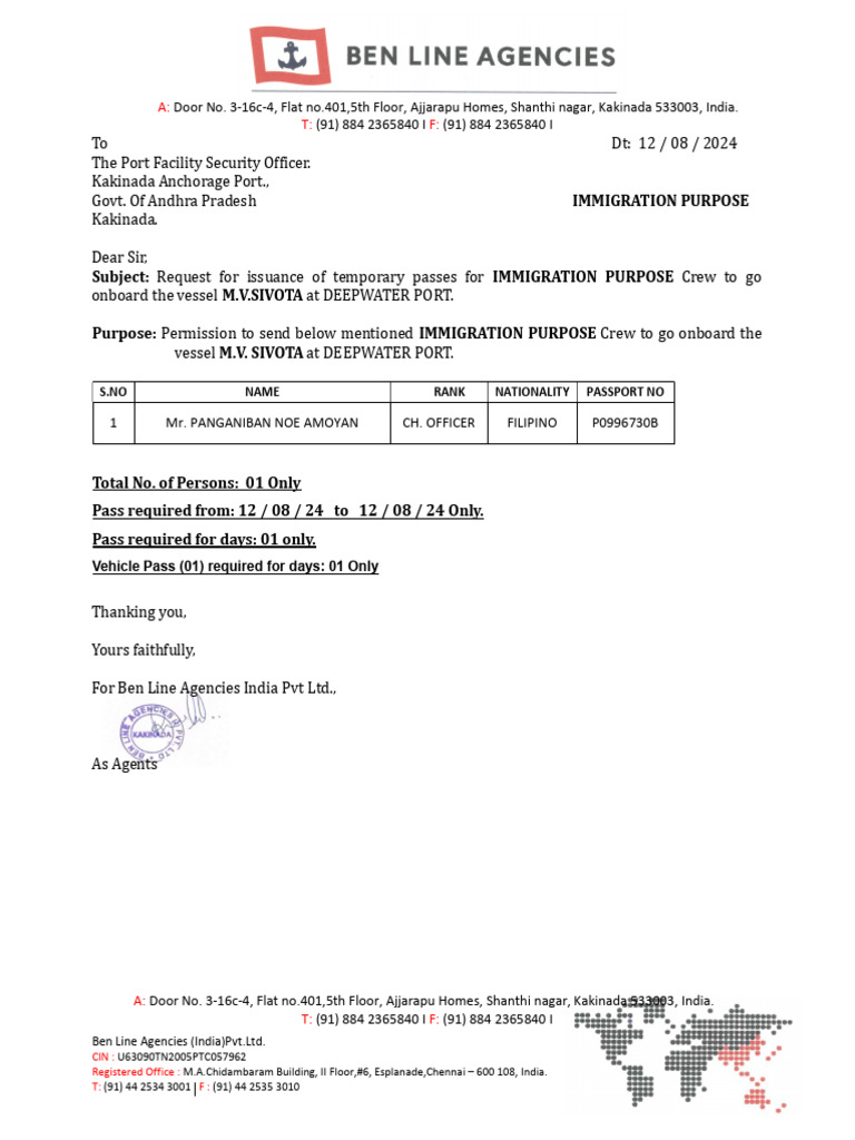 Apmb Req LTR For Sick Crew M.v.sivota | PDF