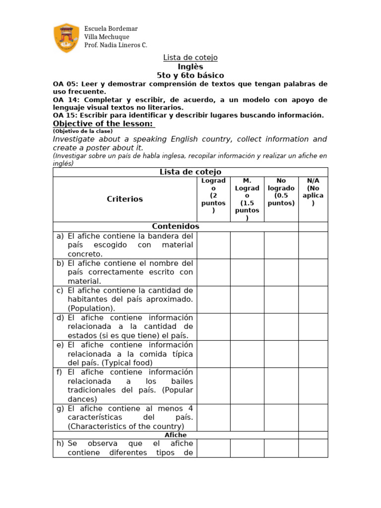 Lista de Cotejo Ingles 5to y 6to | PDF