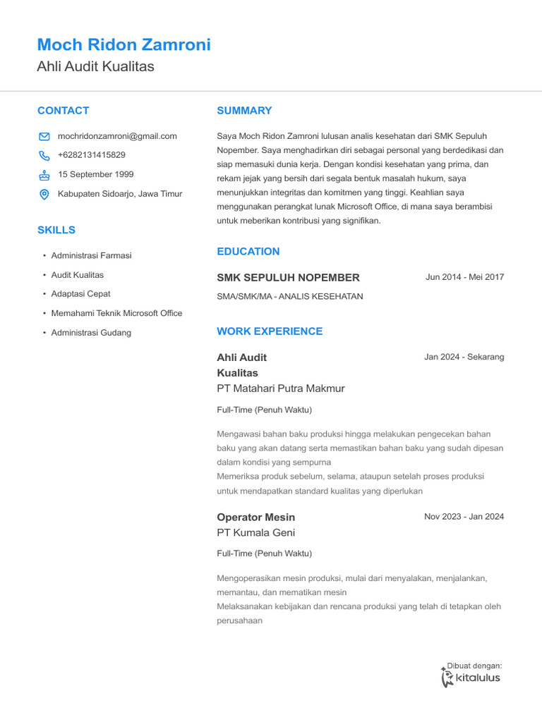 Moch Ridon Zamroni - KitaLulusCV | PDF