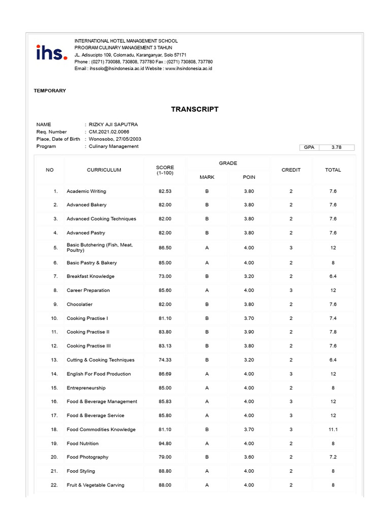 Transcrip Nilai | PDF