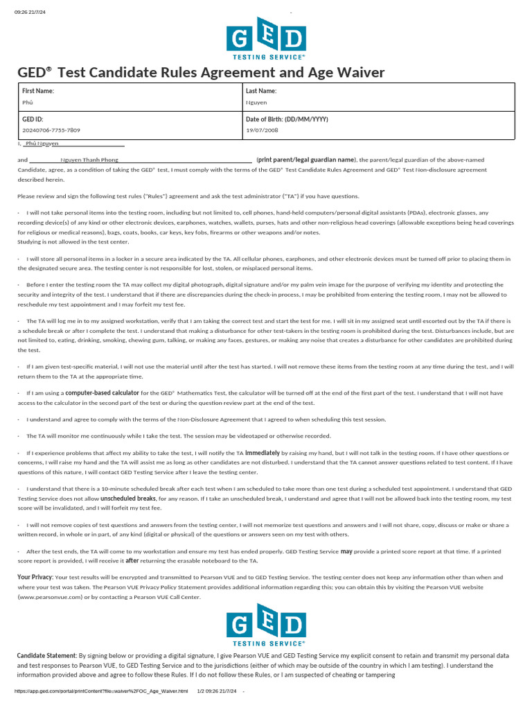 GED® Test Candidate Rules Agreement and Age Waiver: First Name: Last ...