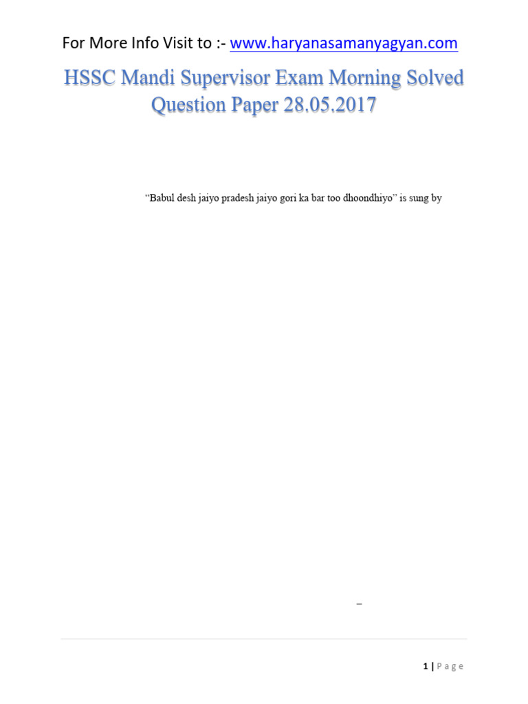 HSSC Mandi Supervisor Exam Morning Solved Question Paper 28 May | PDF