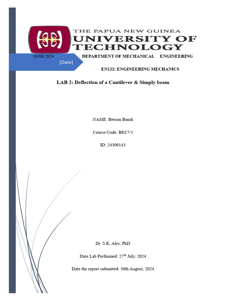 EN122 LAB 2 Deflection of A Cantilever (AutoRecovered) | PDF | Bending | Beam (Structure)