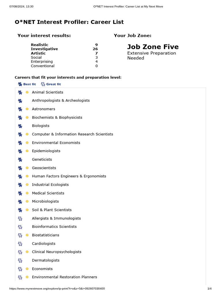 O - NET Interest Profiler - Career List at My Next Move | PDF