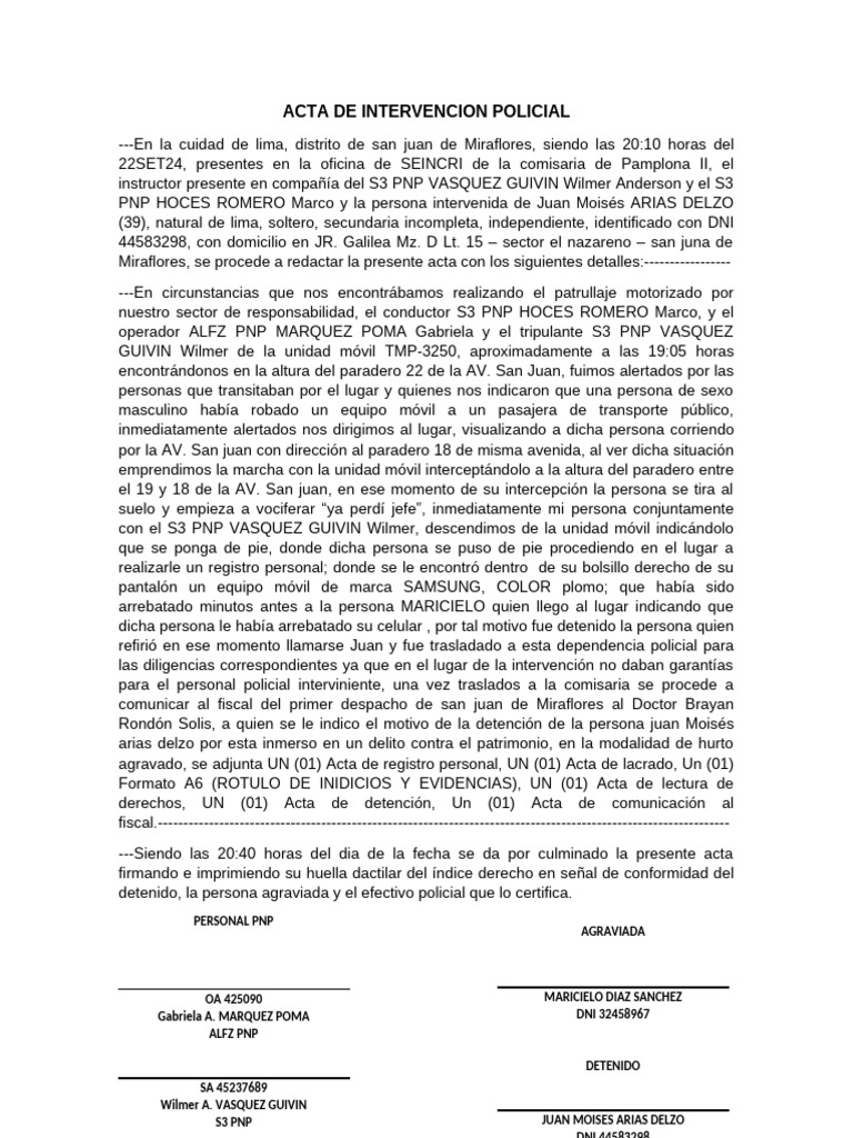 ACTA_DE_INTERVENCION_POLICIAL POR ROBO | PDF