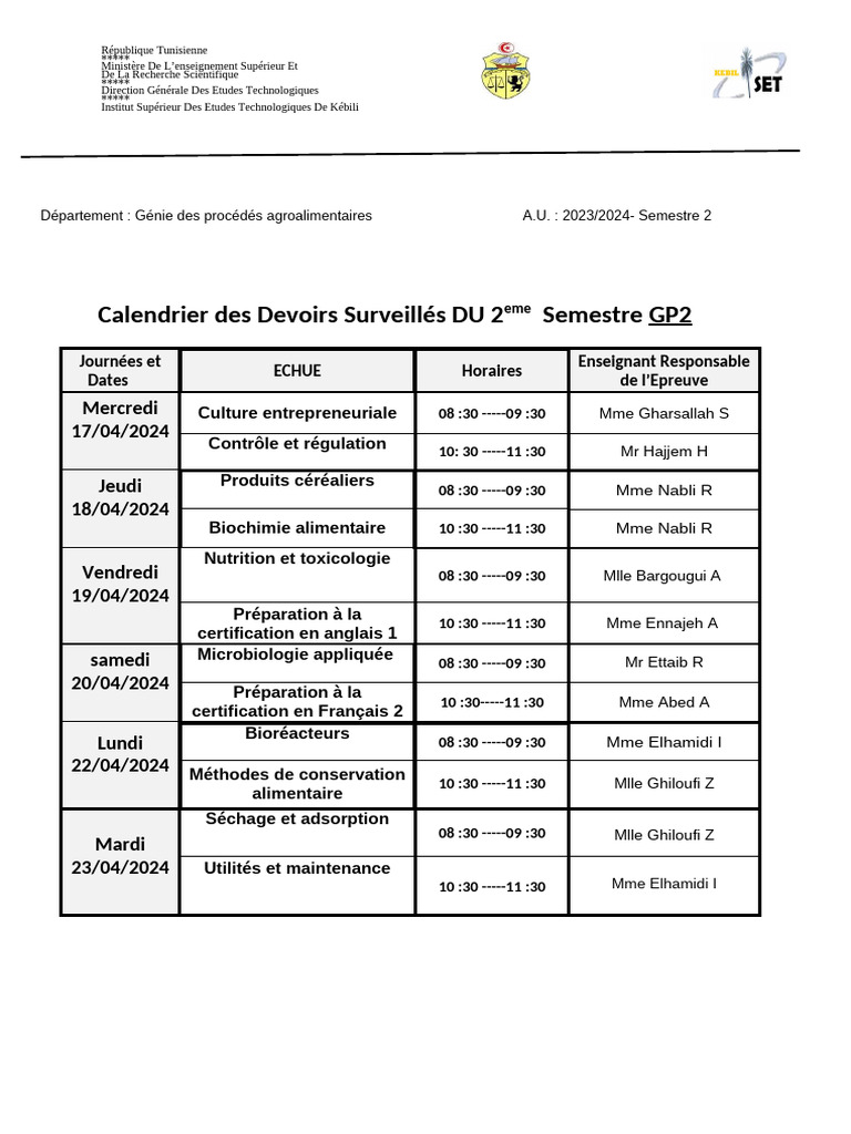 Calendrier - 2023-Des Devoirs Surveillés DU 2eme Semestre GP2 | PDF