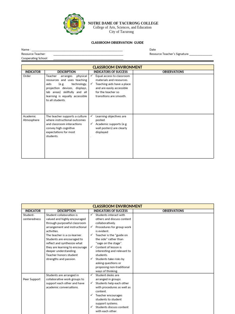 CLASSROOM-OBSERVATION-GUIDE | PDF