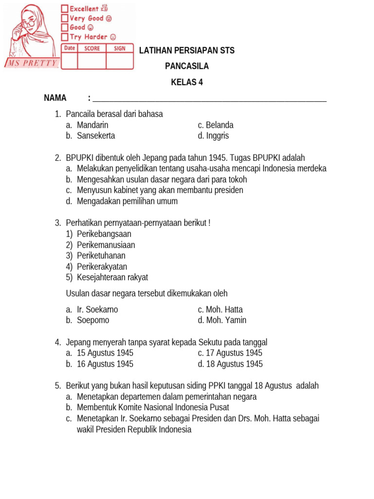 Latihan Persiapan STS Pancasila Kelas 4 | PDF