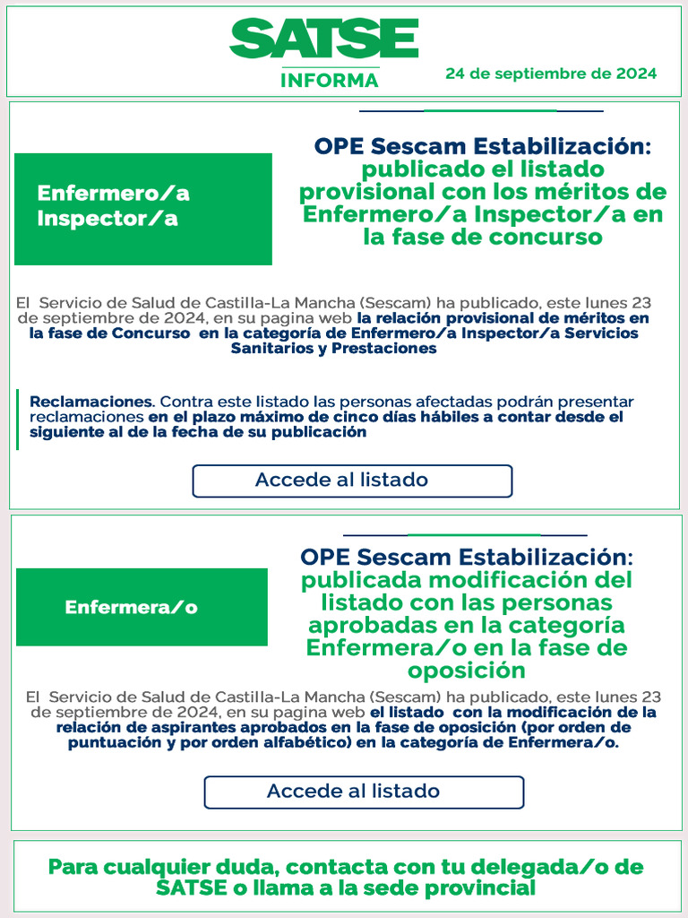SATSE Informa. Publicados Listados OPE Sescam Estabilización Enfermería ...