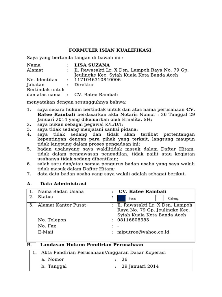 Formulir Isian Kualifikasi Pdf