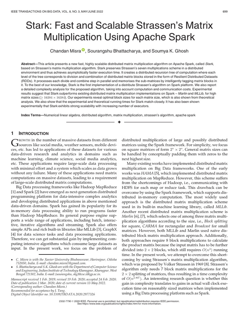 Stark Fast and Scalable Strassens Matrix Multiplication Using Apache Spark | PDF