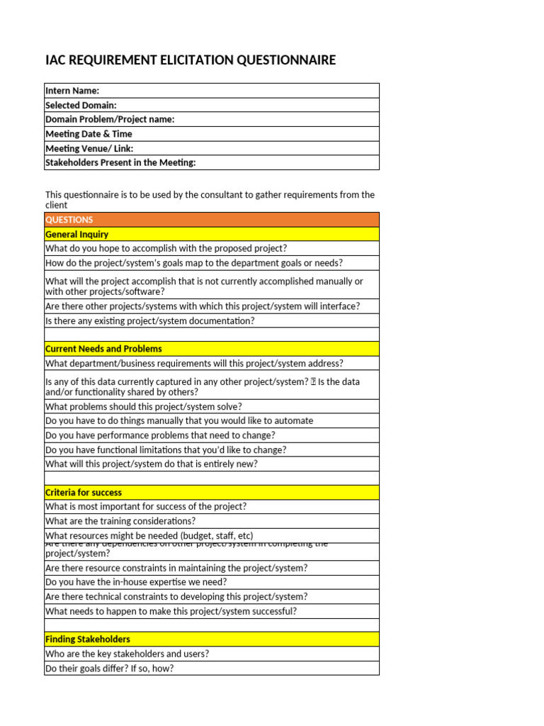 (Template) IAC IP23 - LP Requirement Elicitation Questionnaire | PDF