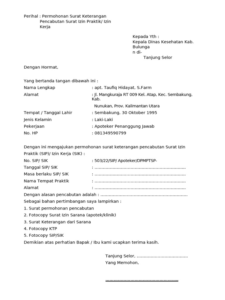 Blanko SRT Keterangan Pencabutan SIP | PDF