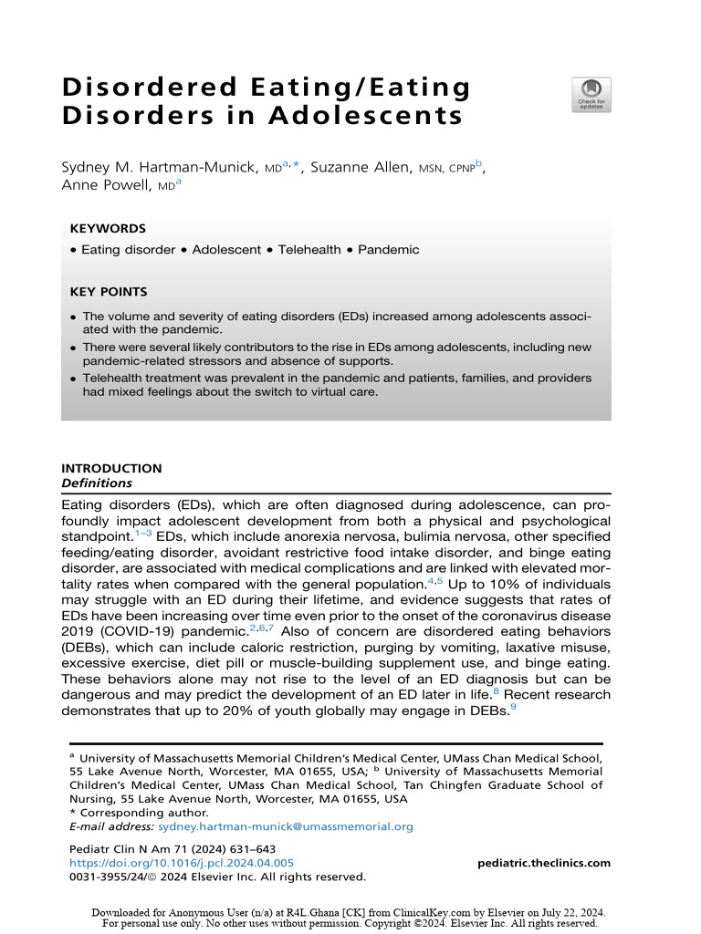 Disorderedeating/Eating Disordersinadolescents: Sydney M. Hartman ...