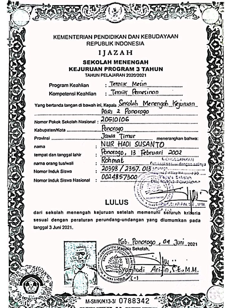 Ijazah Nur Hadi Susanto | PDF