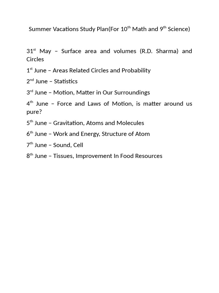 Summer Vacations Study Plan | PDF