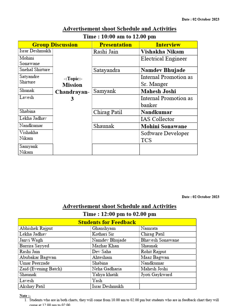 Shooting Time Table | PDF