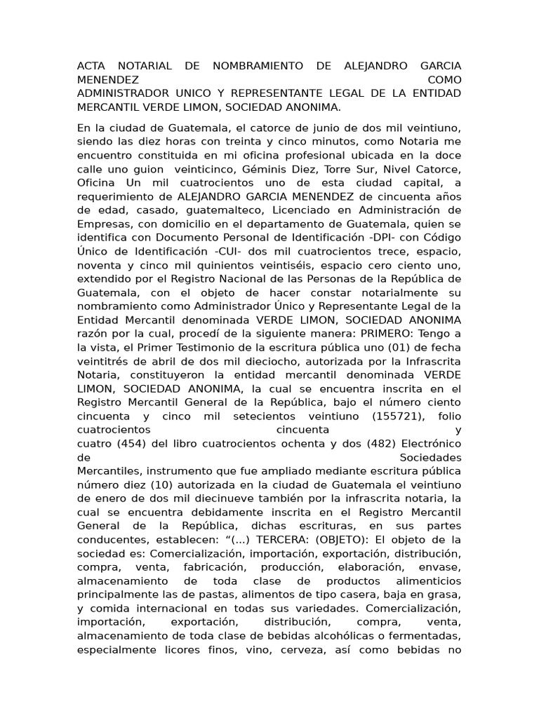 Acta Notarial de Nombramiento de Alejandro Garcia Menendez | PDF