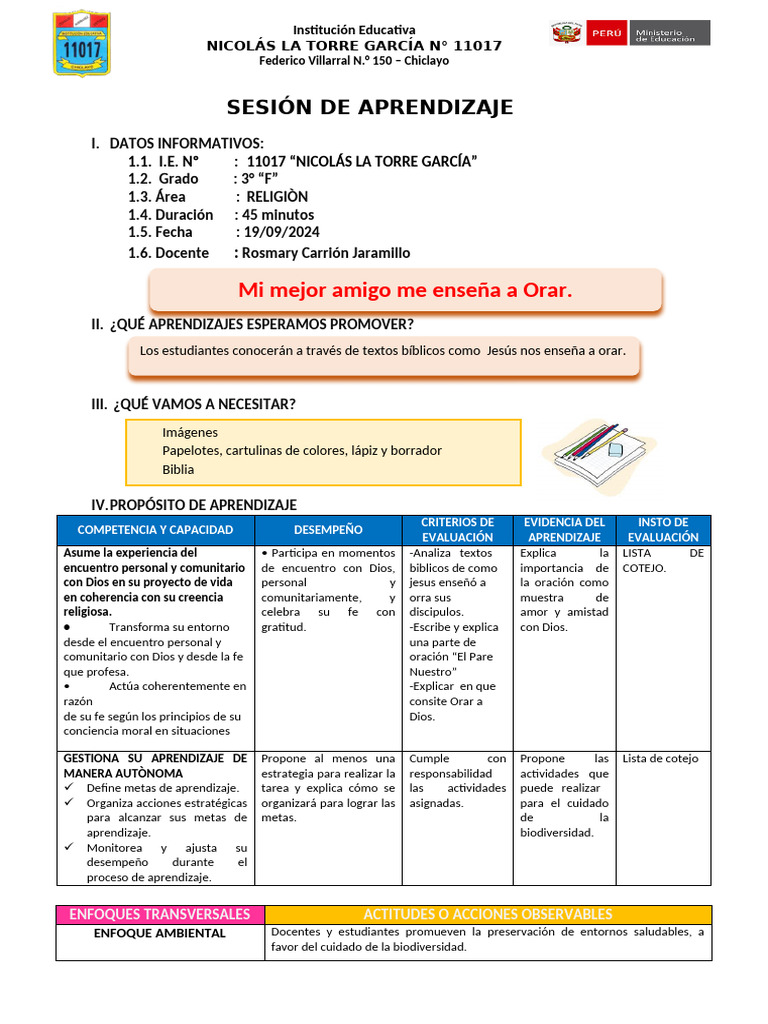 Sesion Religión- Orar- 19-09-2024 | PDF
