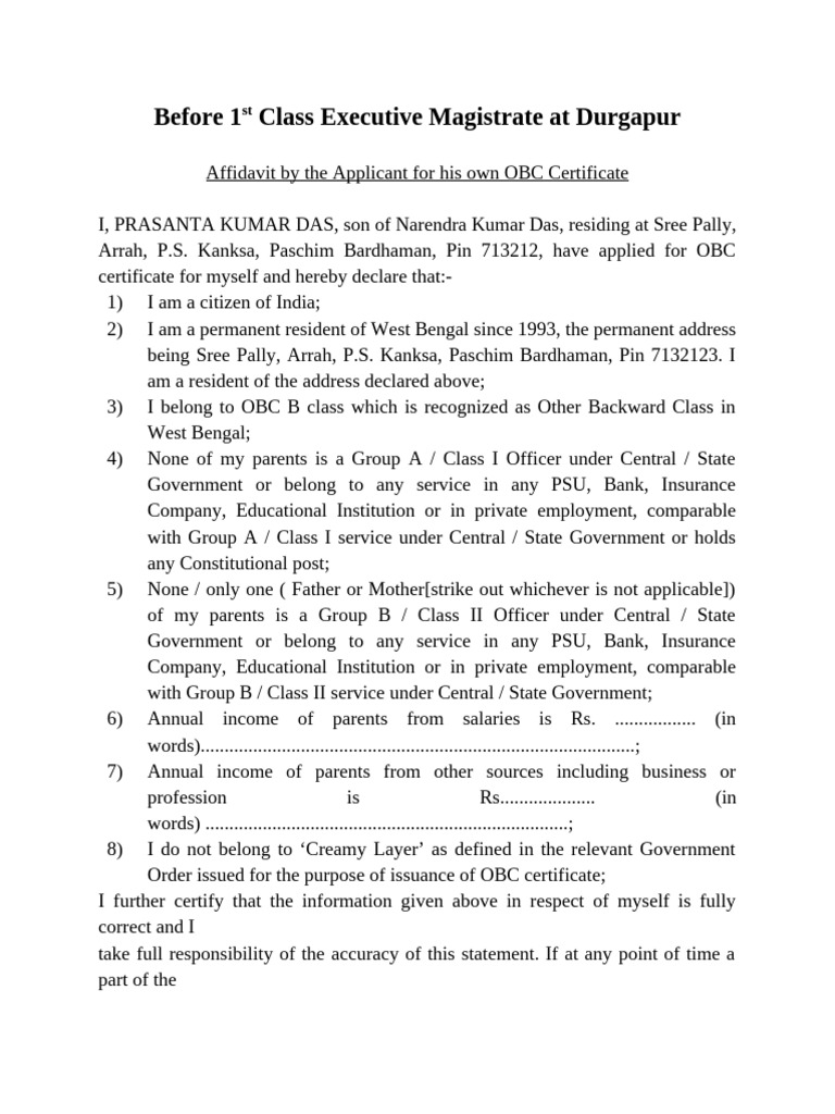 OBC Certificate Affidavit | PDF