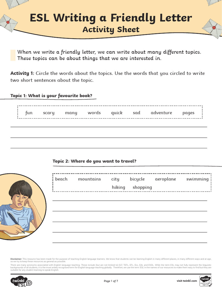 T 1714659280 Esl Writing A Friendly Letter Activity Sheet Teens A1 Ver ...