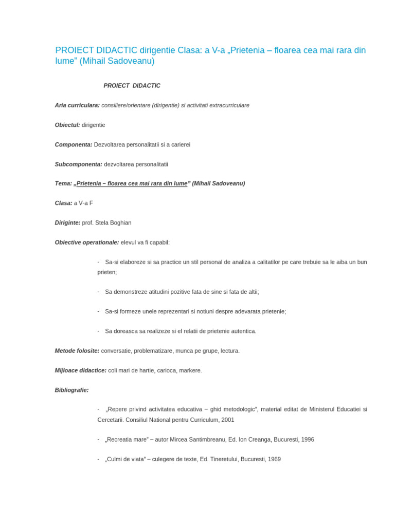 Proiect Didactic Dirigentie Clasa | PDF
