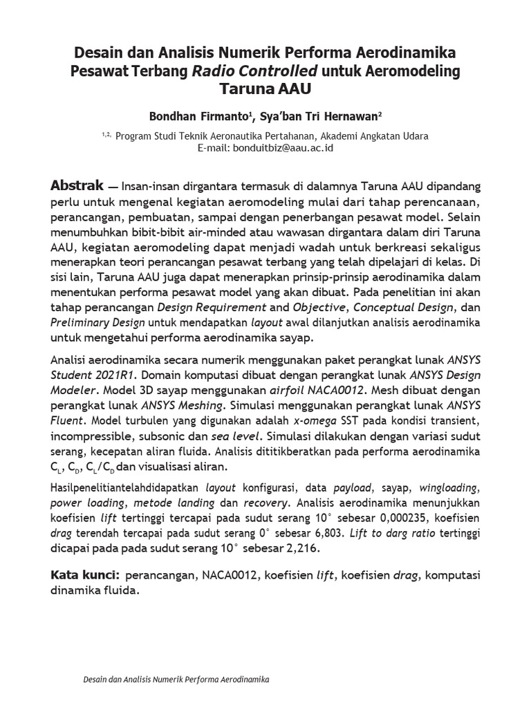 Desain Dan Analisis Numerik Performa Aerodinamika Pesawat Terbang Untuk Aeromodeling Taruna AAU ...