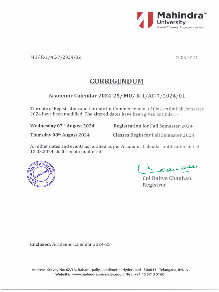 Corrigendum-Academic Calendar 2024-25 | PDF