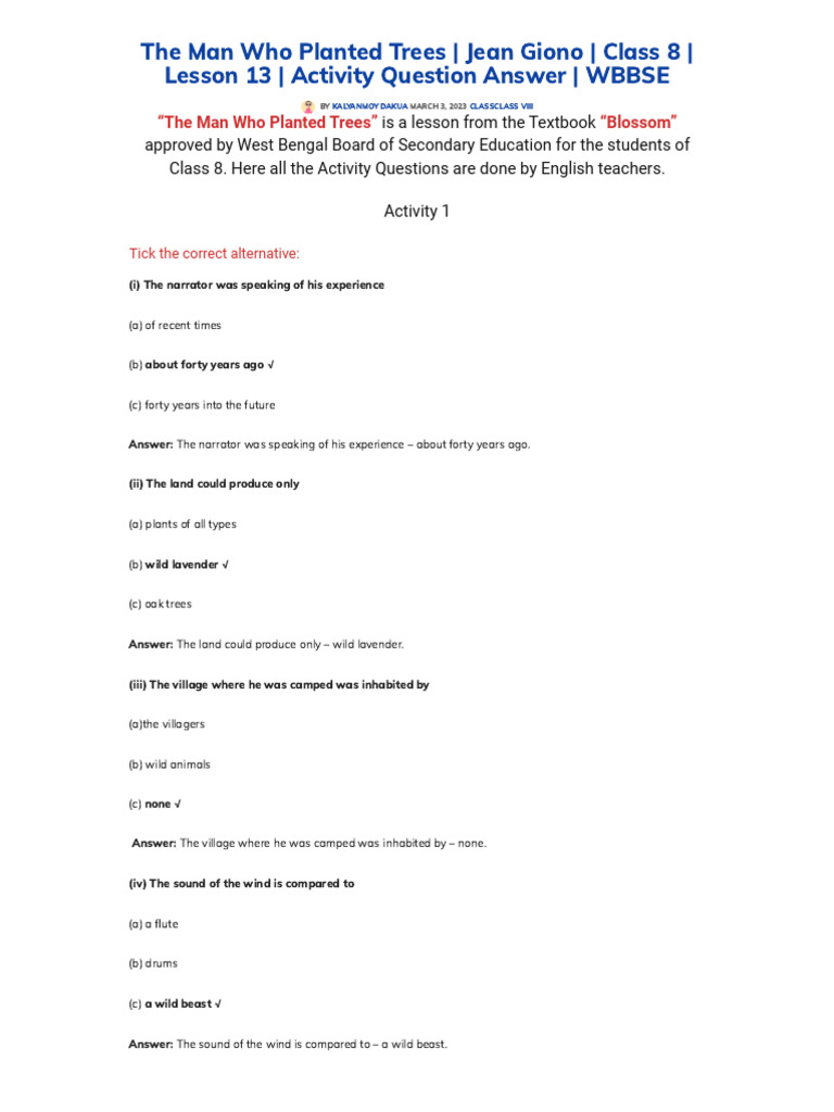 The Man Who Planted Trees Activity Question Answer Class 8 | PDF