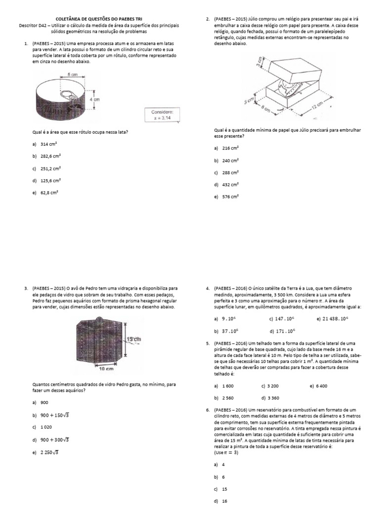 D42 - Utilizar o Cálculo Da Medida de Área Da Superfície Dos Principais Sólidos Geomét | PDF