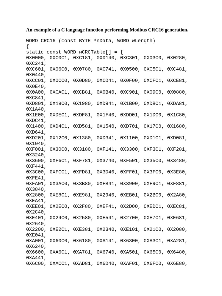 An Example of A C Language Function Performing Modbus CRC16 Generation ...