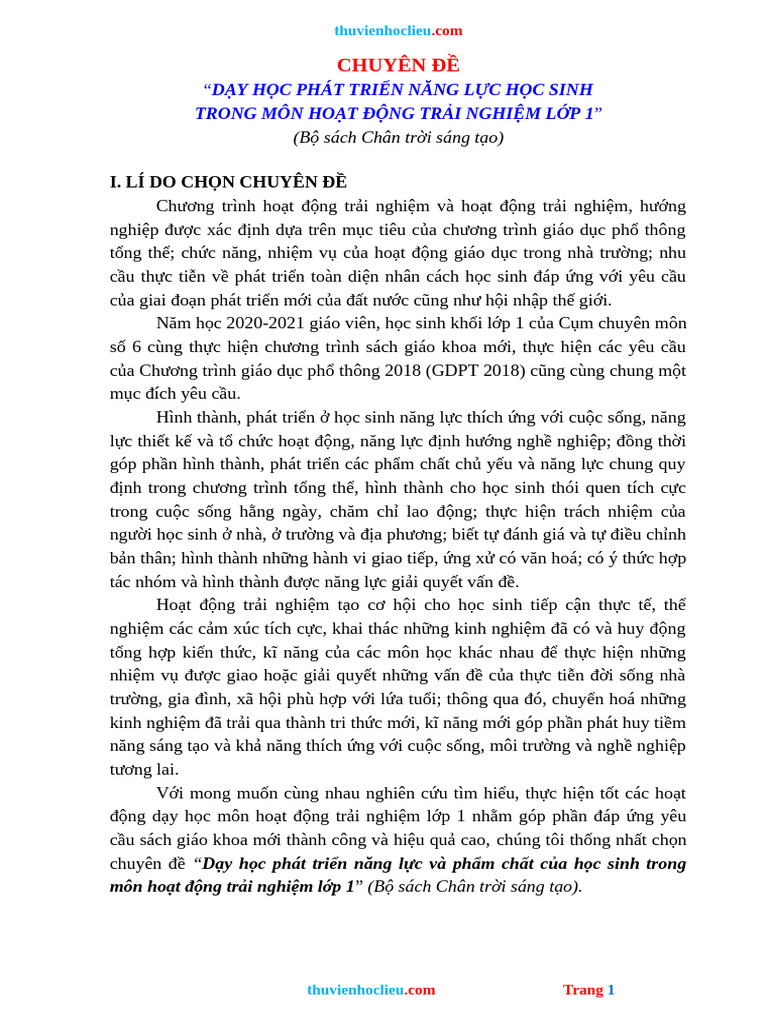 Chuyen de Day Hoc PTNL Mon HDTN Lop 1 CTST | PDF