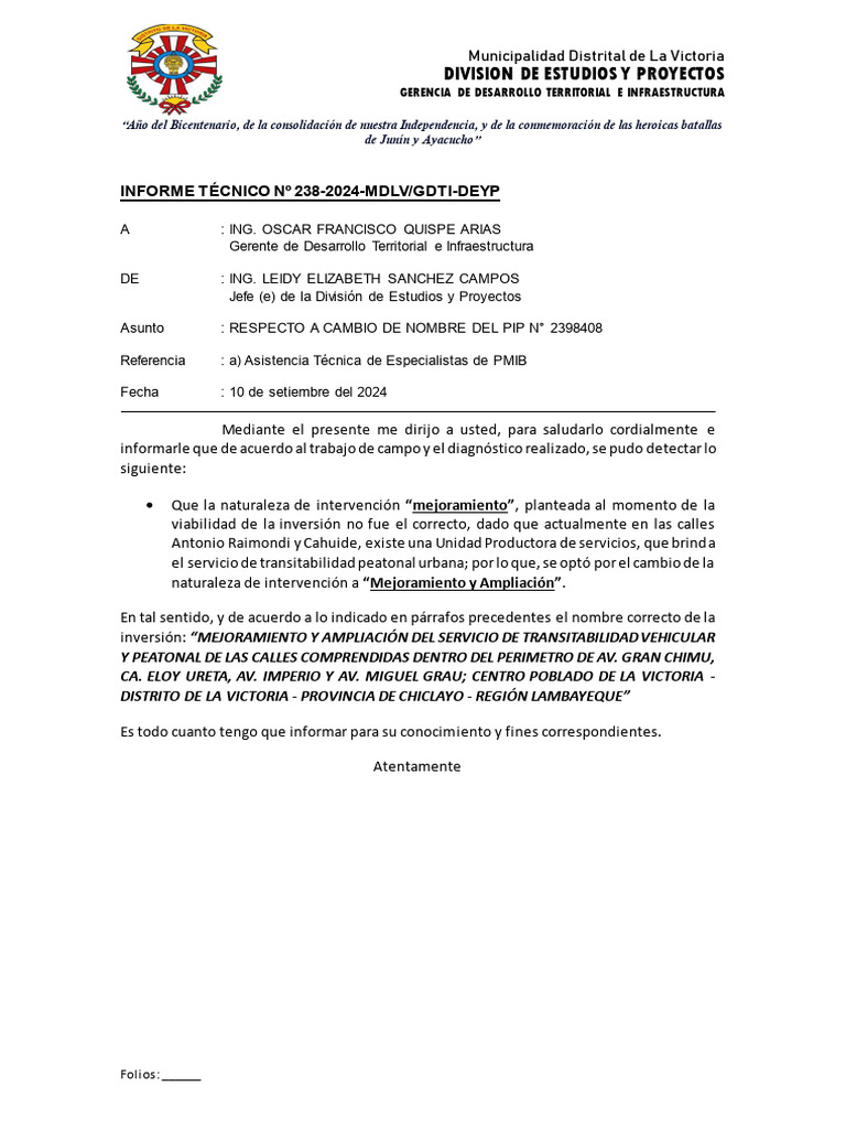 Informe Tecnico #236 Cambio de Nombre | PDF | Hogar, jardinería y bricolaje