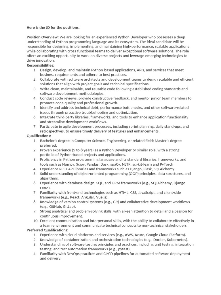 JD - Python Developer | PDF