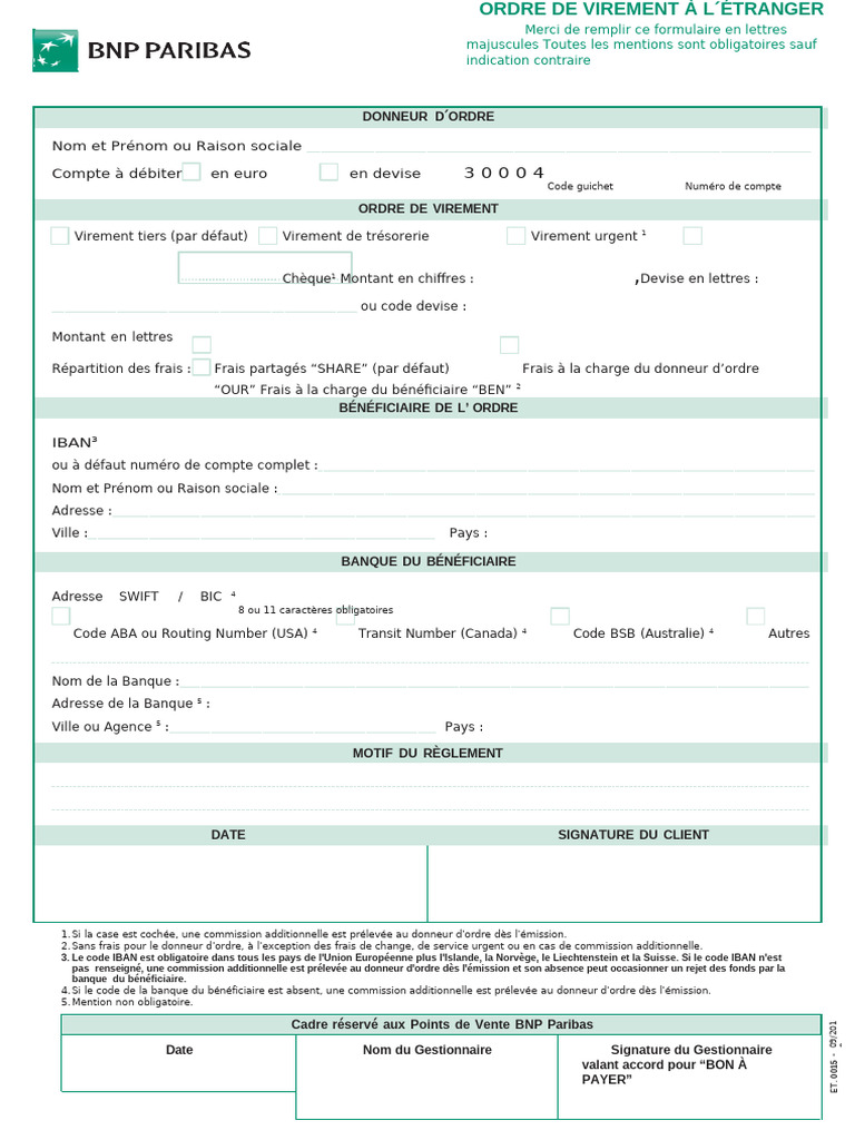 Ordre de Virement International BNP Paribas | PDF | Virement bancaire ...