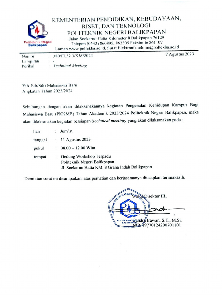 Pengumuman TM PKKMB Poltekba 2023 | PDF