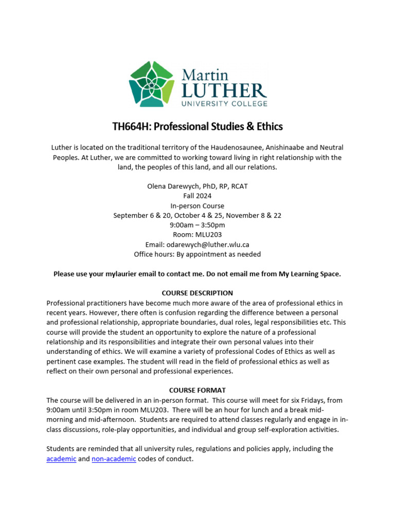 TH664H Professional Ethics Syllabus Fall 2024 | PDF