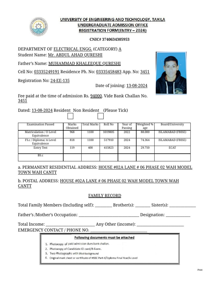Registeration Card Form | PDF