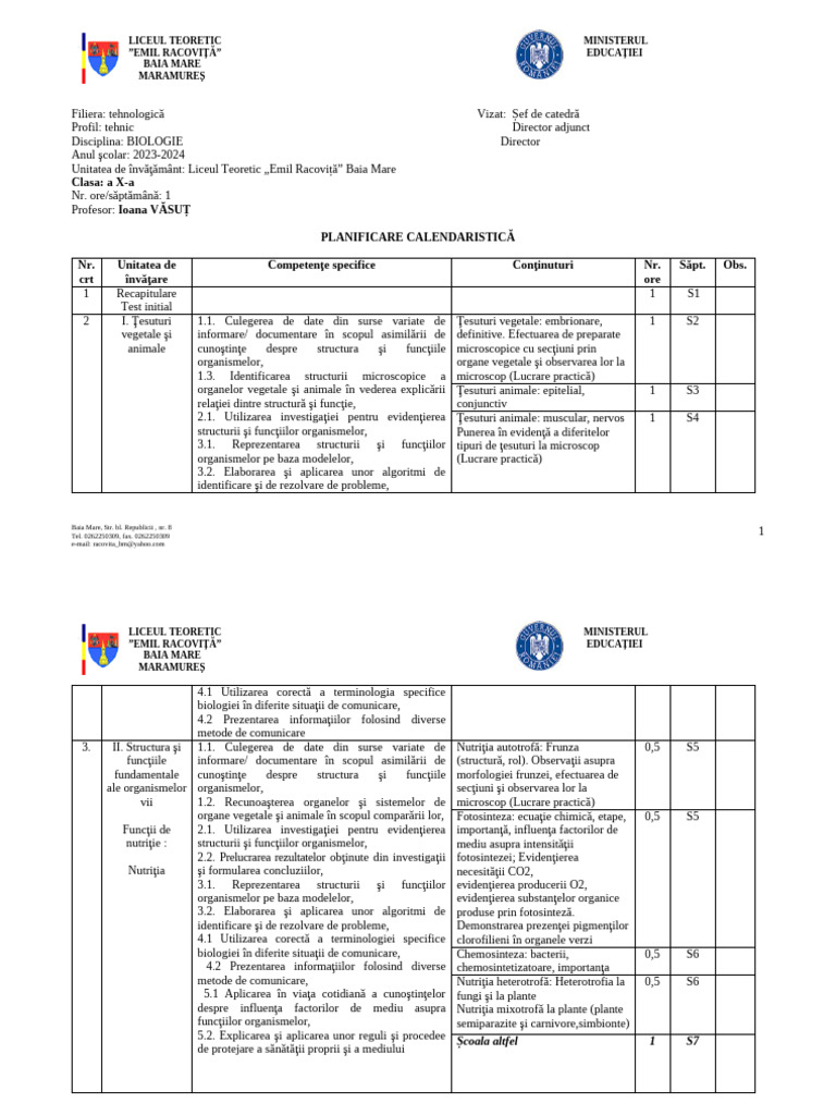 Planificari Clasa 10. 1h | PDF
