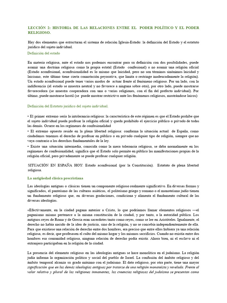 Lección 2 - Historia de Las Relaciones Entre El Poder Político y El ...