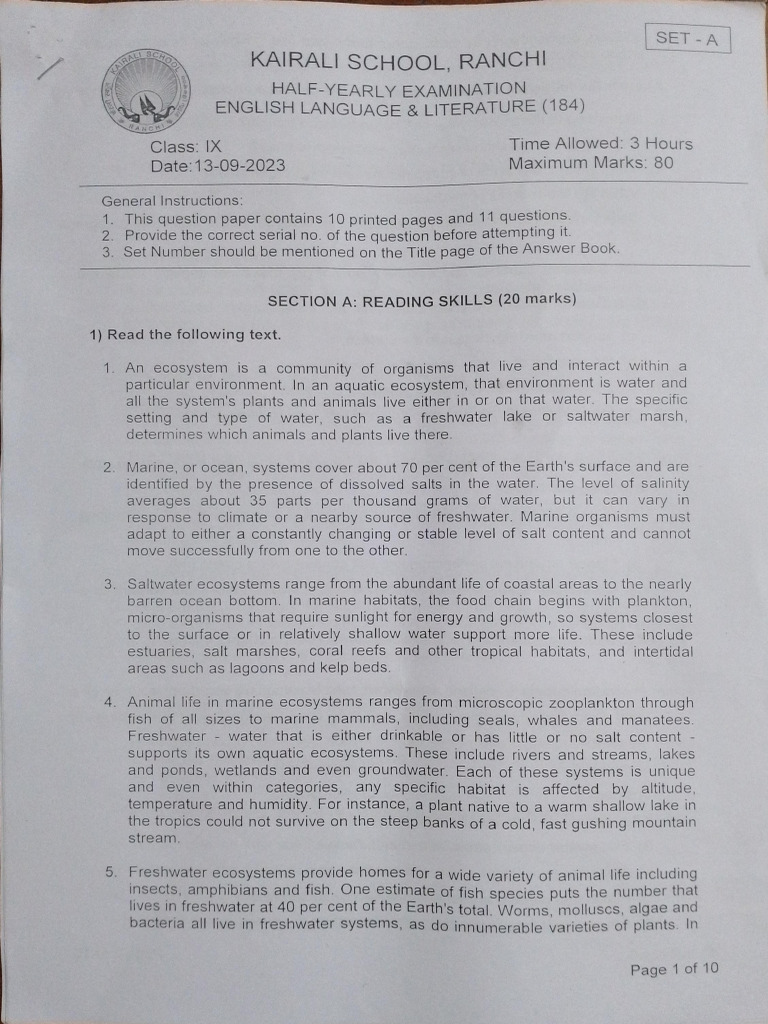 Class 9 Previous Year Question Papers - English | PDF