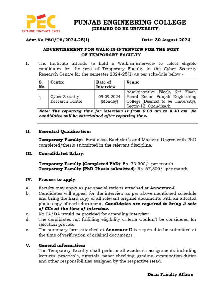 PEC Faculty Recruitment 2024 | PDF