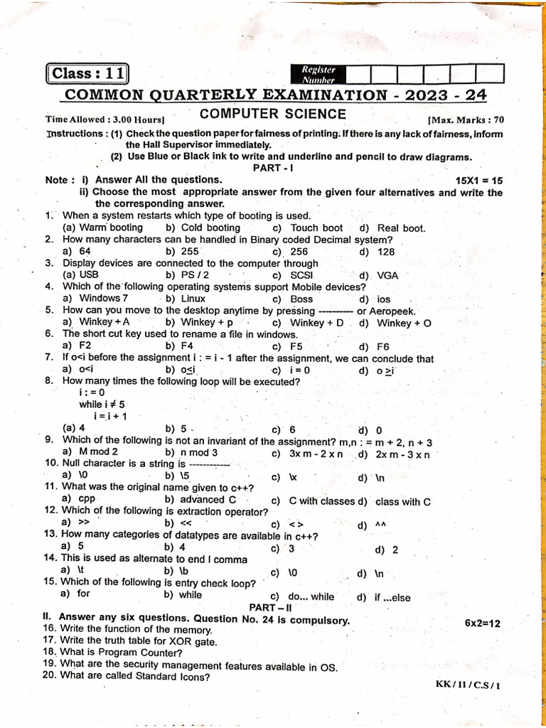 11th Computer Science EM Quarterly Exam 2023 Original Question Paper ... 11th Computer Science EM Quarterly Exam 2023 Original Question Paper ...